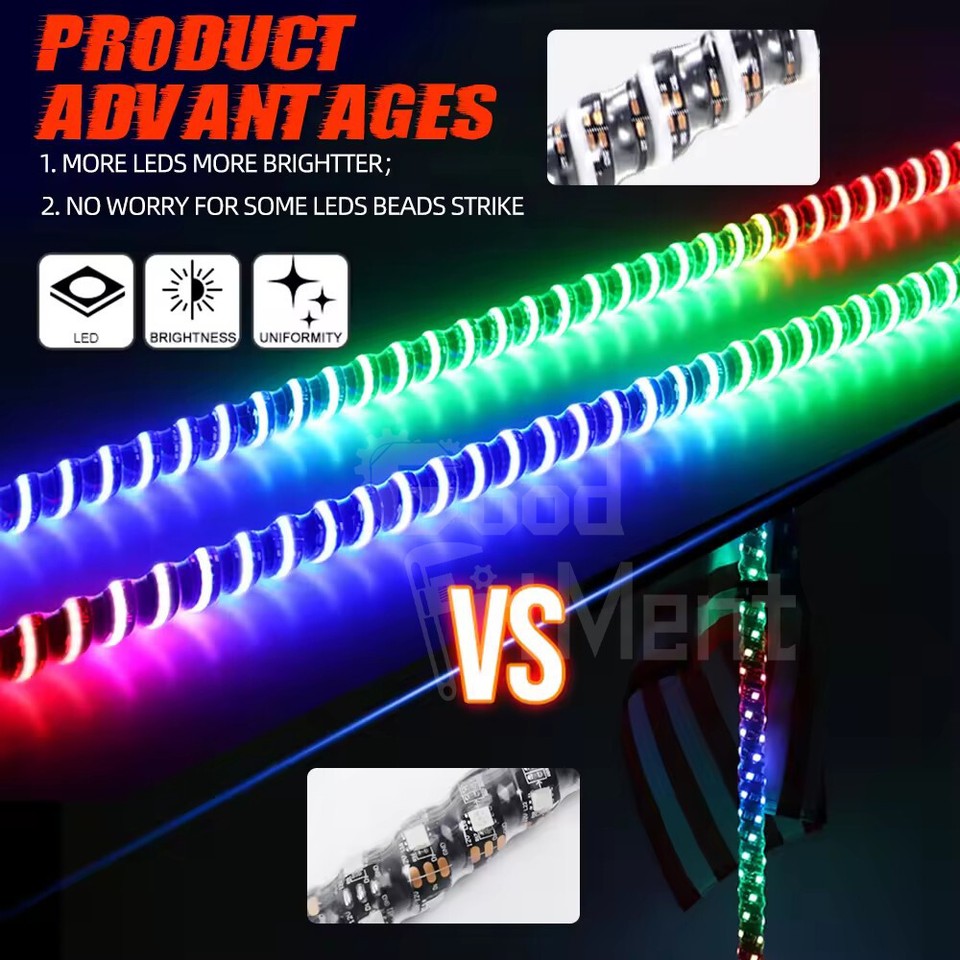 2X 3ft Lighted Spiral COB LED Whip Antenna w/Flag + 10X RGB Rock Lights ...