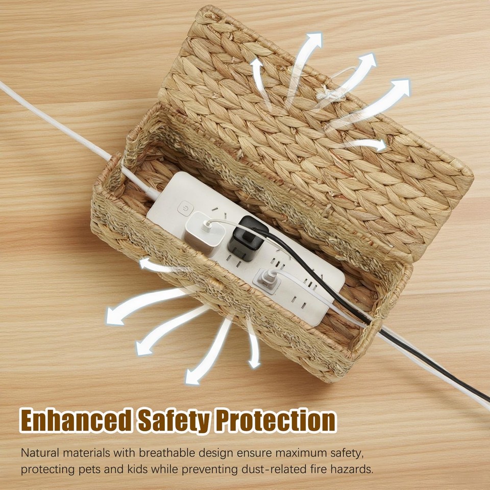 2PCS Cable Organizer Boxes Handmade Wicker Rattan Cord Management Box ...
