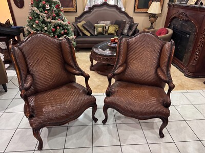 Pair of Theodore Alexander Wingback Woven Leather Chairs | eBay
