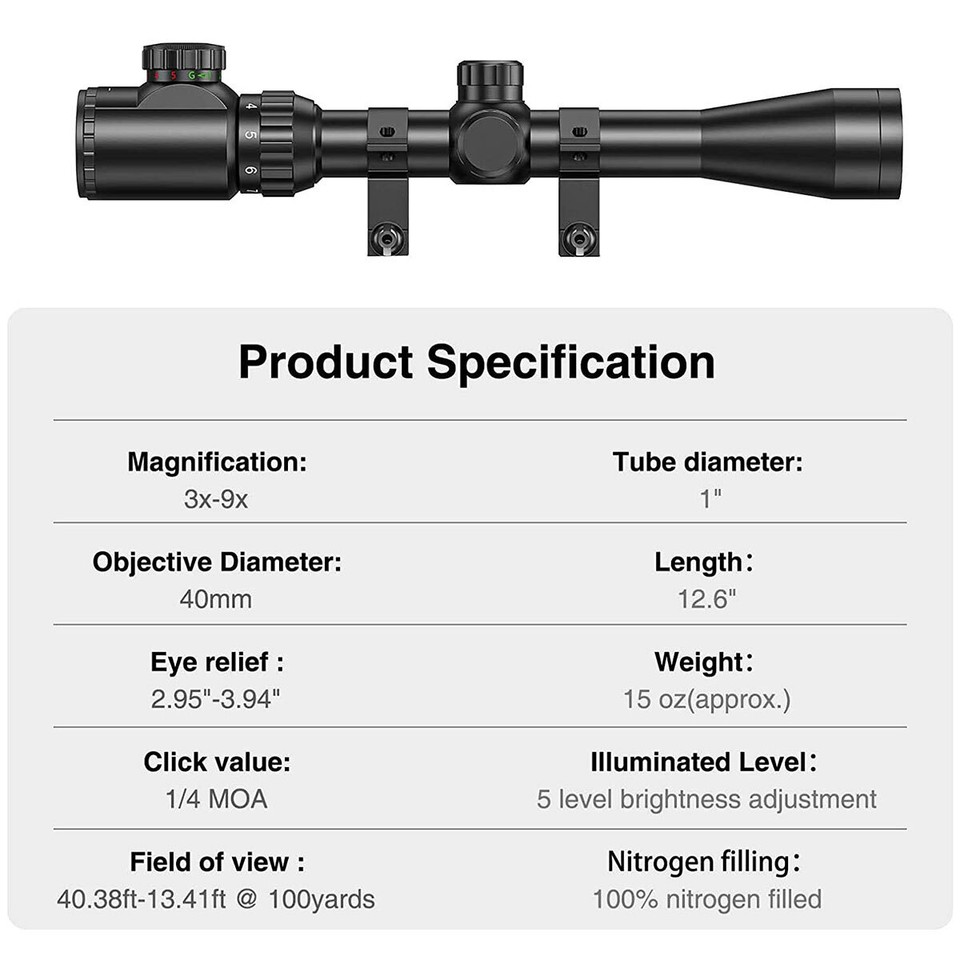 Hunting 3-9X40 Rifle Scope Mil-Dot Red/Green Dual Illuminated Optical ...
