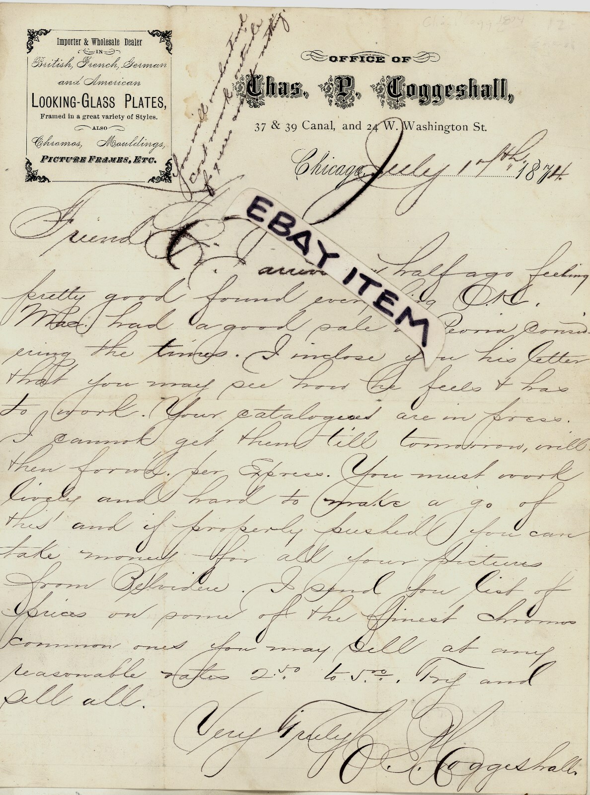 1874 CHAS. CHARLES P COGGESHALL Chicago ILLinois looking glass plates ...