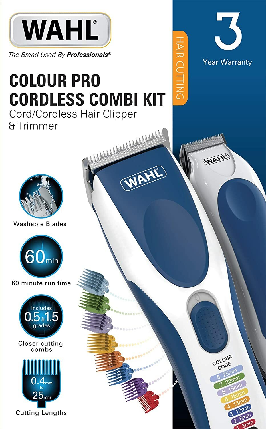 WAHL HAIR CLIPPERS FOR MEN, COLOUR PRO CORDLESS WITH BEARD TRIMMER OR ...
