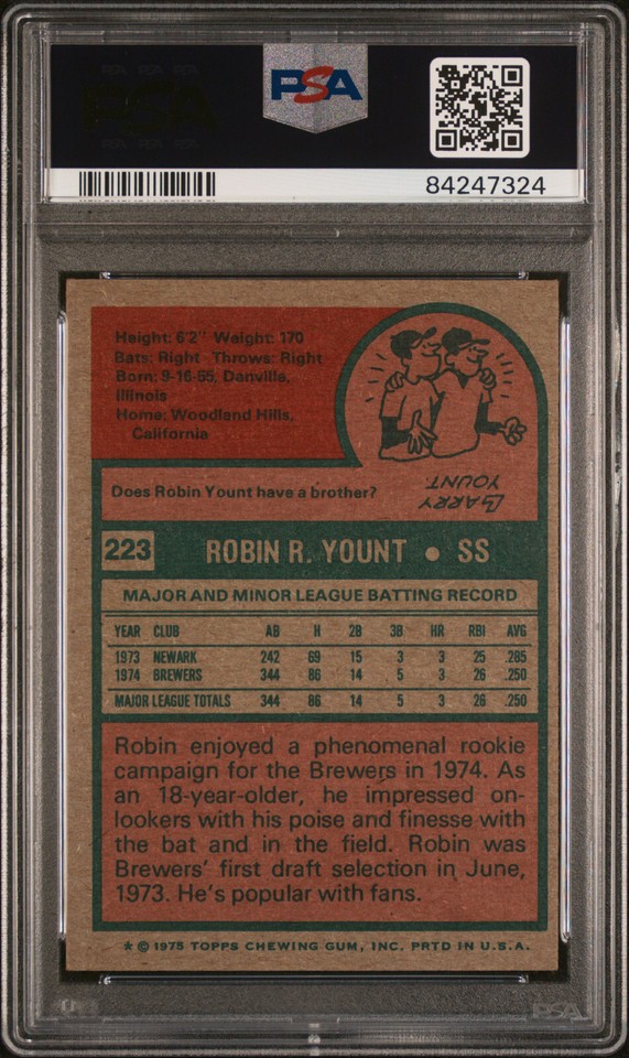 1975 BREWERS Robin Yount signed ROOKIE card Topps #223 PSA Slab AUTO RC ...