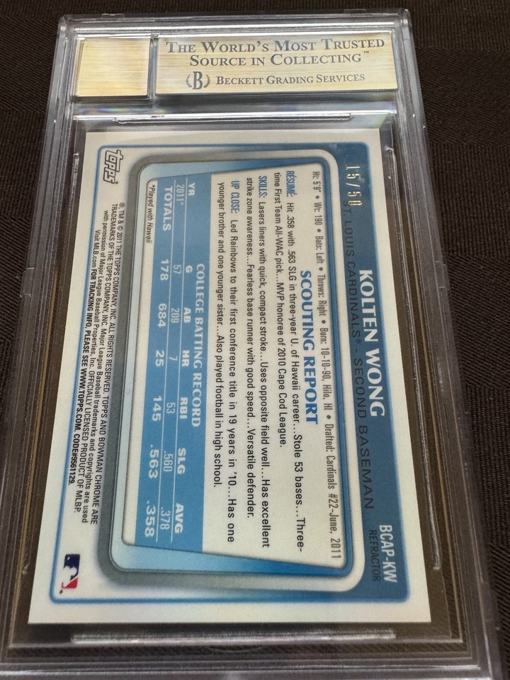 BGS 9.5 2011 Bowman Chrome Draft Auto Gold Refactor Kolten Wong ...