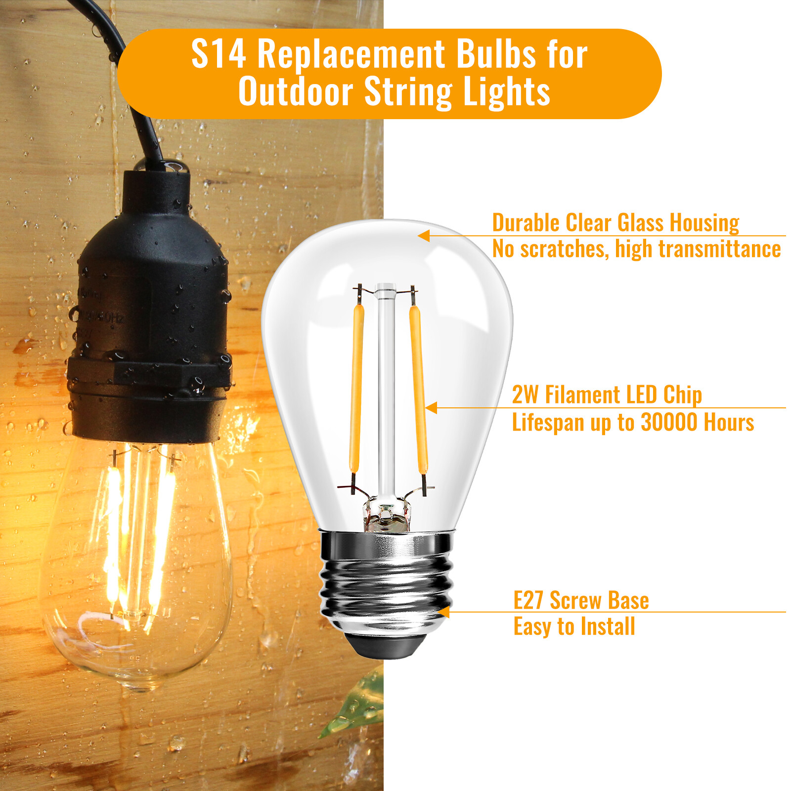 E27 LED Replacement Light Bulbs 2W 20W S14 Clear Plastic Edison Bulbs ...