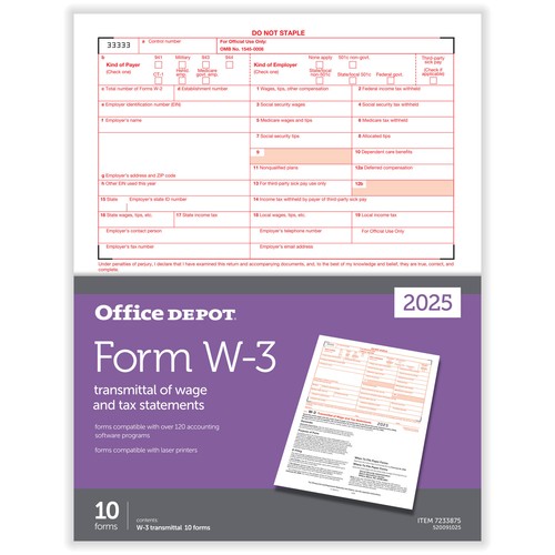 Office Depot W-3 Laser Tax Forms, 1-Part, 8-1/2" x 11", Pack Of 10 ...