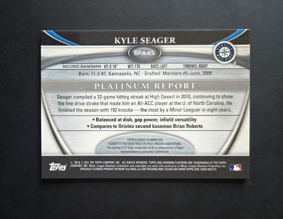 2017 Bowman Platinum Kyle Seager RC Autograph On-Card - Seattle ...