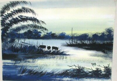 PAYAB PHILIPPINE RIVER VILLAGE ORIGINAL WATERCOLOR LANDSCAPE PAINTING ...