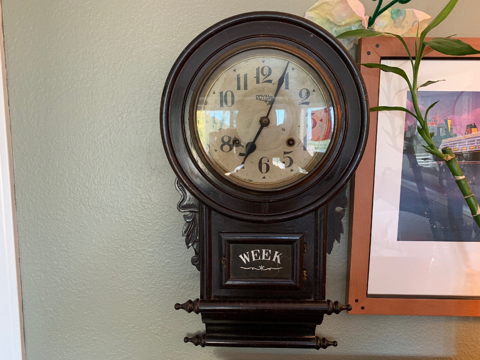 Antique REGULATOR WOOD WALL Hanging CLOCK w/ Pendulum & Key ROYAL C.M.A ...