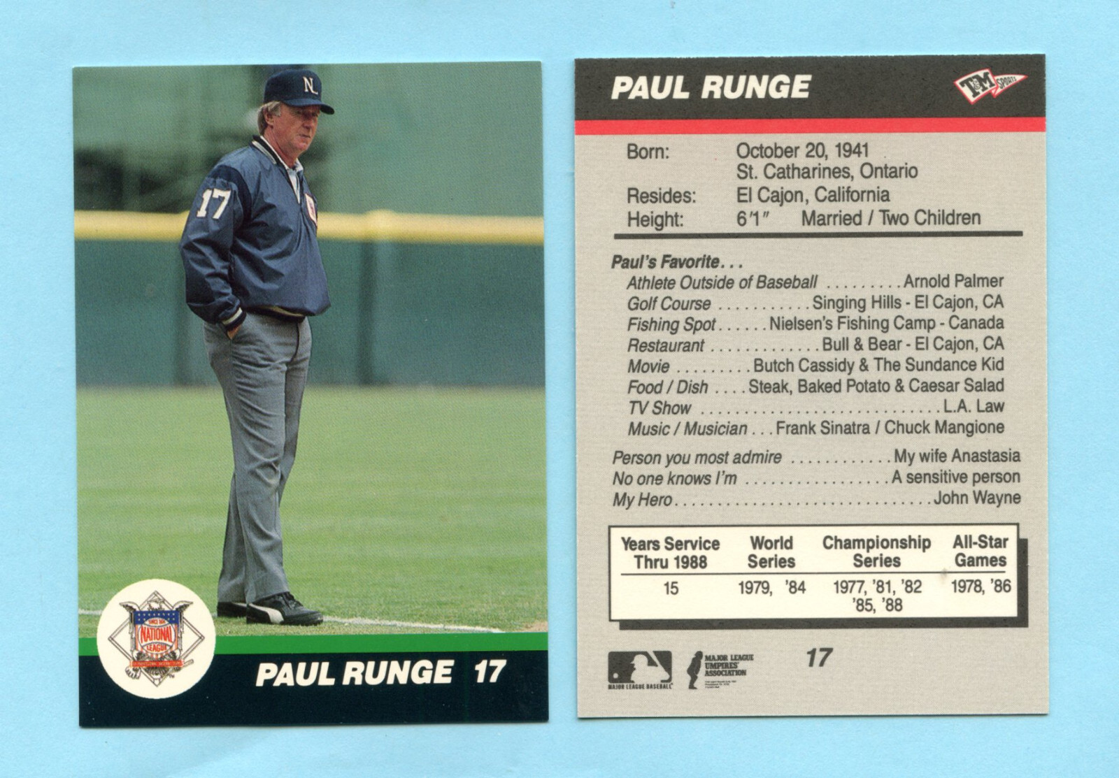 1989 Baseball Umpire card # 17 Paul Runge National League | eBay