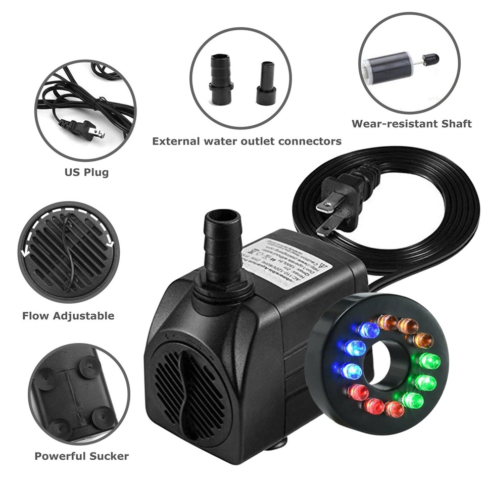 Submersible Water Pump with 12 LED 16W Lights for Fountain Pool Garden ...