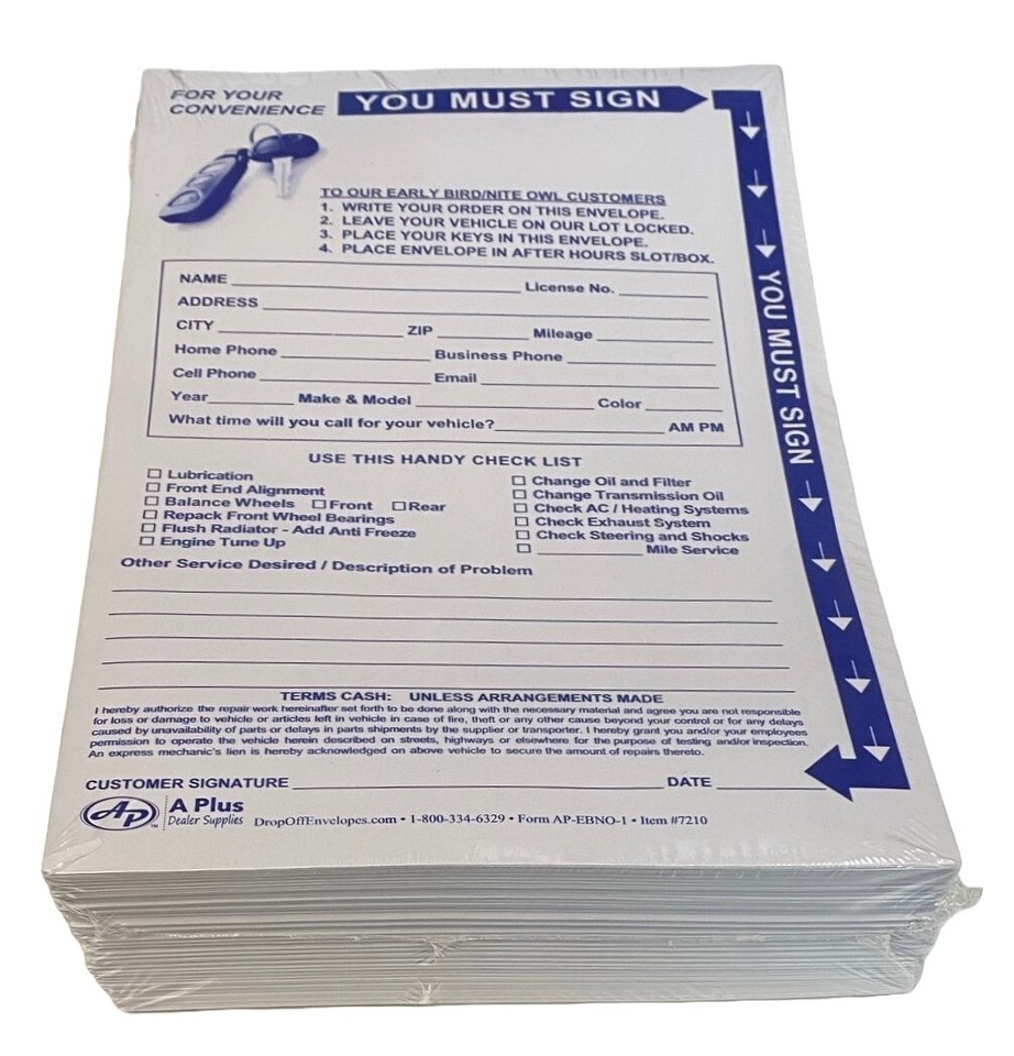 Drop Off Envelopes For Repair Shops• #7210 / AP-EBNO-1 • Qty.100 •(W16 ...