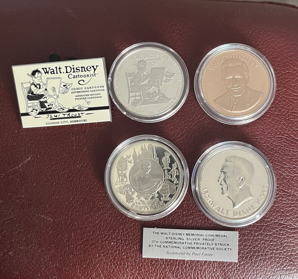 4 Walt Disney Rare Sterling Silver & Bronze Coins Plus A Rare Disney ...