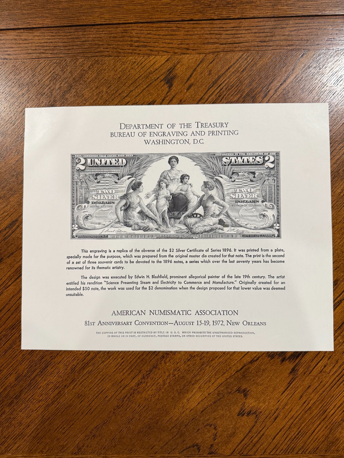 BEP Intaglio Print Early Money Souvenir Card B18 face 1896 $2 ...