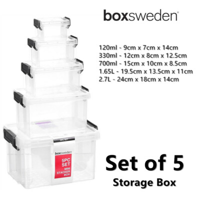 Set of 5 Clip Lock Storage Box Plastic Container Organiser Holder Cube ...