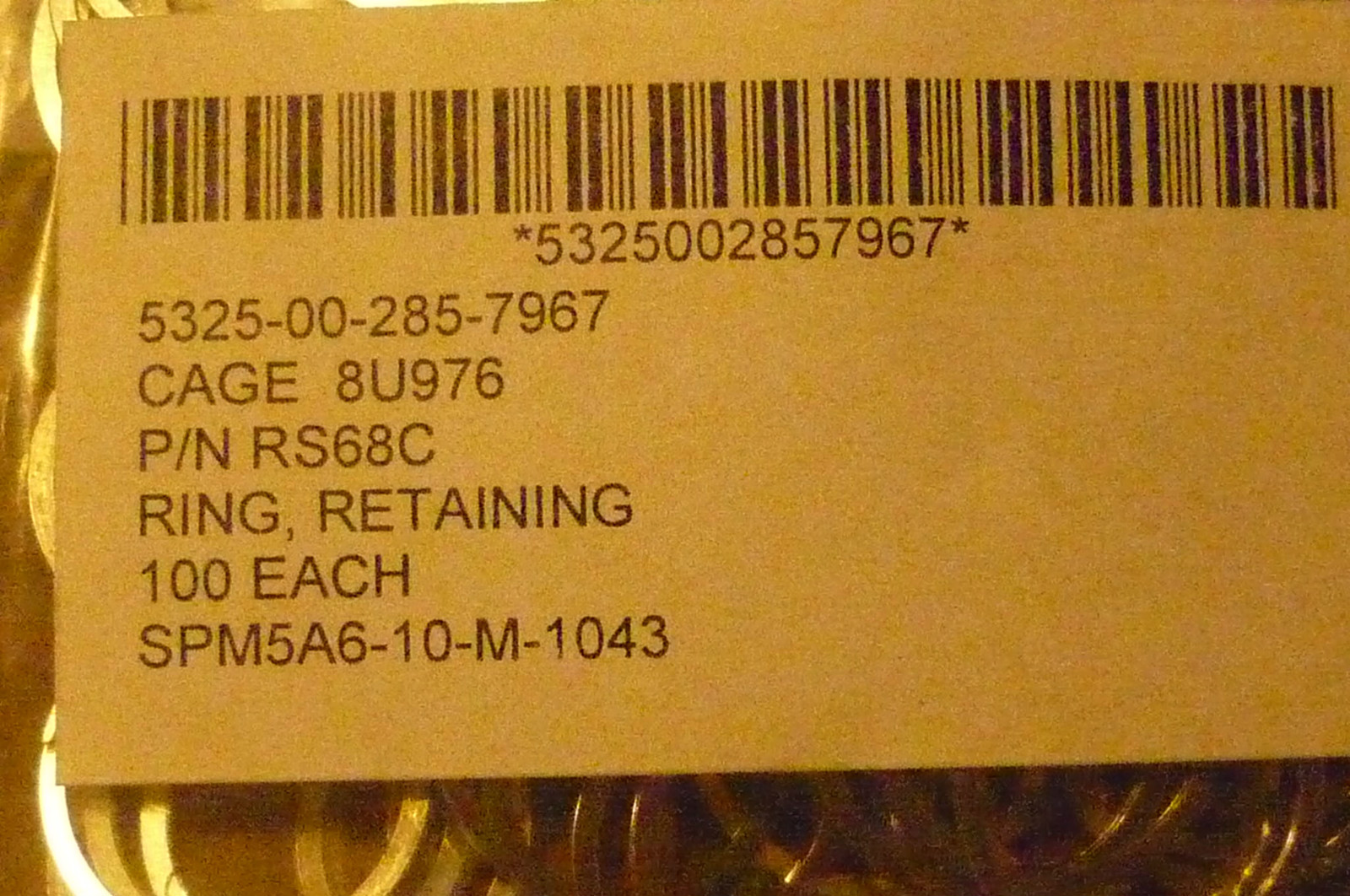RING RETAINING. Lot of 636 each P/N RS68C NSN 5325-00-285-7967 | eBay