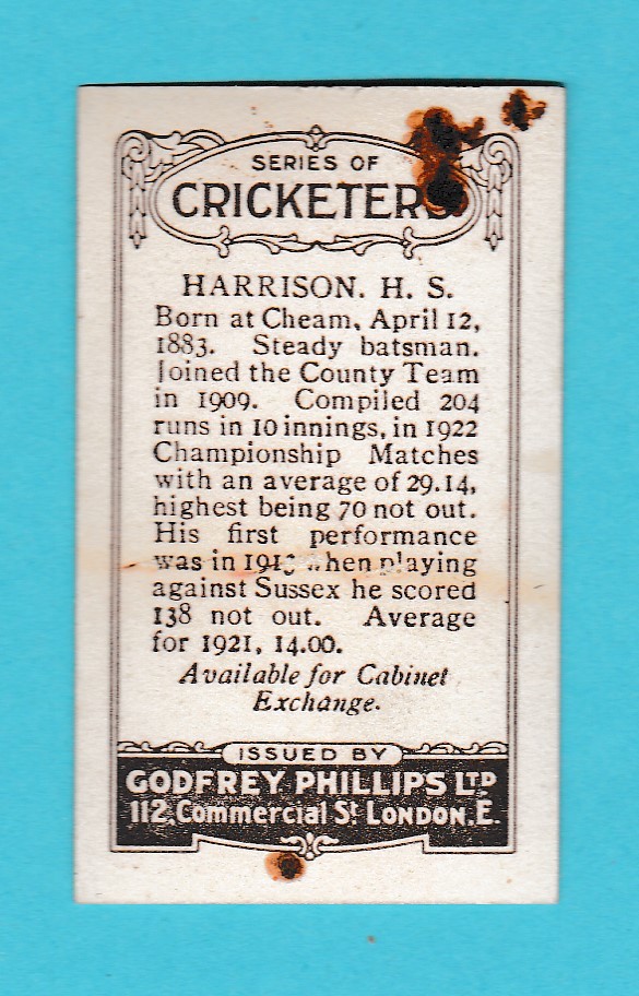 CRICKET - GODFREY PHILLIPS - CRICKETER 20C - HARRISON OF SURREY - 1924 ...