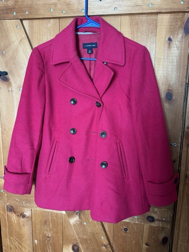 Lands End Raspberry/Pink Pea Coat Sz Medium Wool Double Breasted Button ...