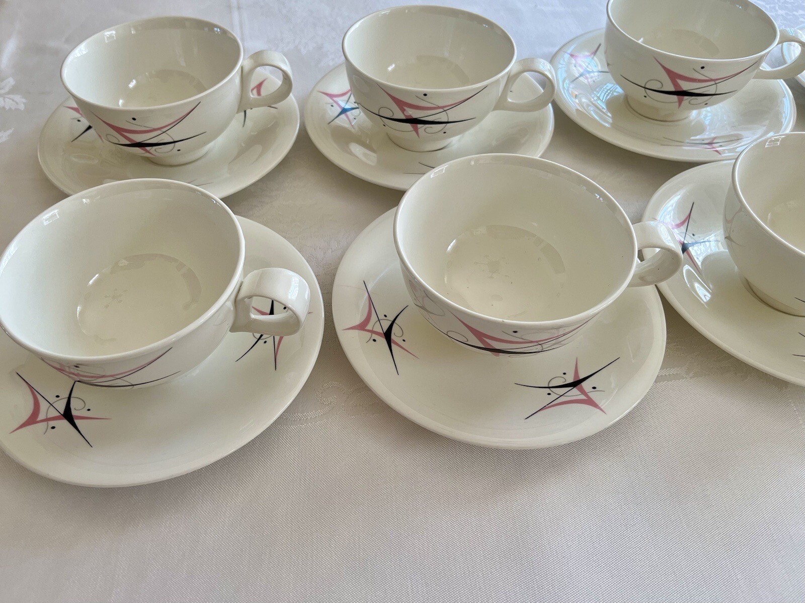 HARLEQUIN HALLCRAFT EVA ZEISEL 6 CUPS & SAUCERS ATOMIC AGE EUC MID ...