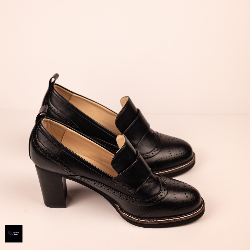 YDN Women Chunky High Heels Round Toe Oxford Loafer - Black Brogue Shoes | eBay