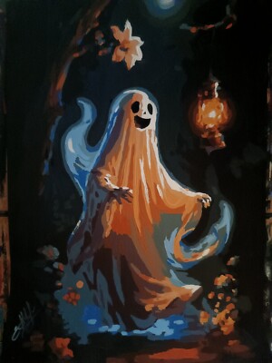 A miniature acrylic portrait of a cute ghost with a flashlight ...
