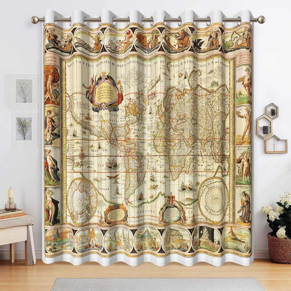 Old World Map Blackout Curtains, 3D Print Window Drapes for Living Room ...