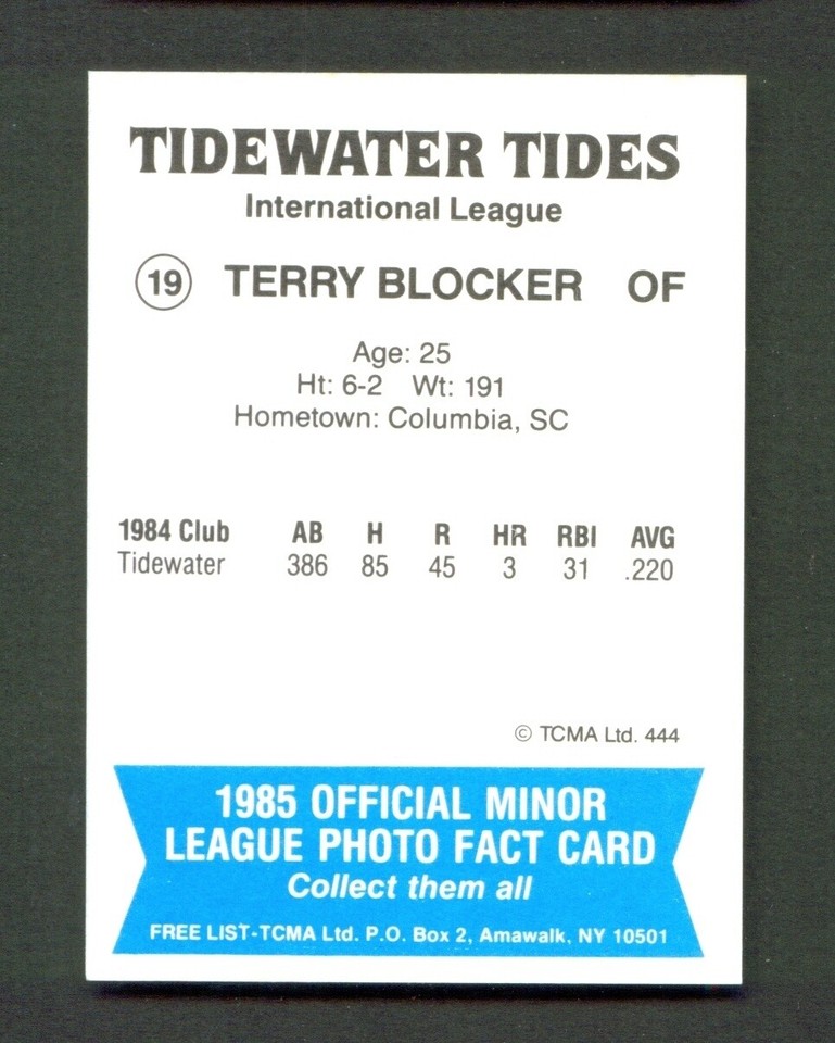 1985 TCMA Tidewater Tides #19 TERRY BLOCKER Columbia SOUTH CAROLINA ...