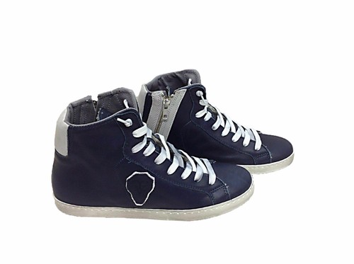 scarpe sneakers alte uomo Via Condotti pelle blu doppio scudo made in ...