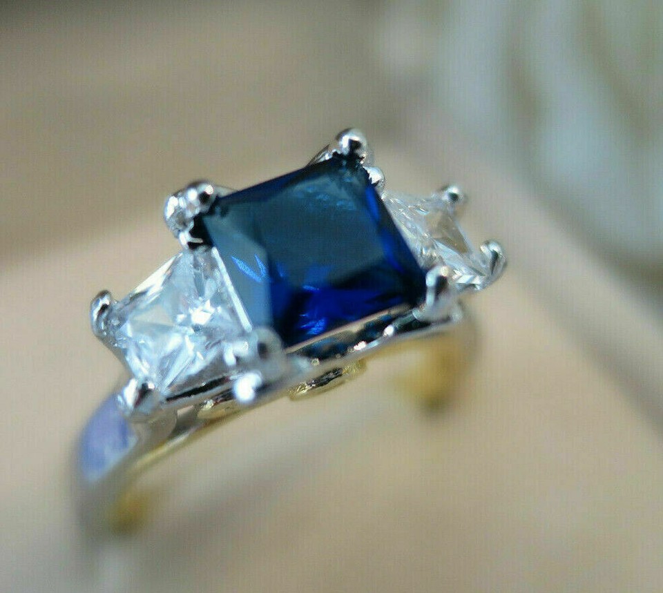 Lab Created Princess Blue & White Three Stone Womens Engagement High ...