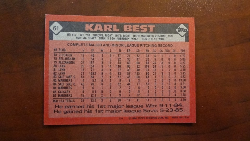 1986 TOPPS # 61 KARL BEST BASEBALL CARD | eBay