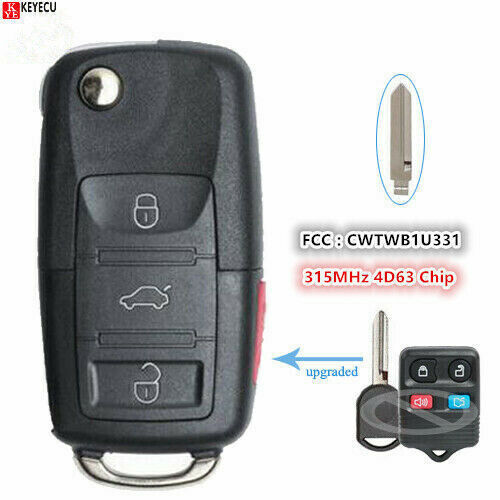 Upgraded Flip Remote Key Fob 4 Button 315MHz 4D63 Chip for Ford ...