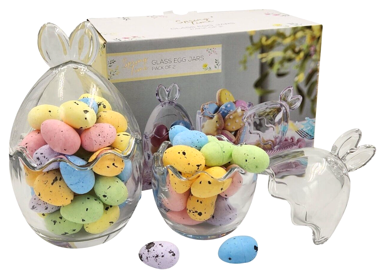 2 x Easter Glass Bunny Ear Mini Egg Jars Clear Decorative Spring Home ...