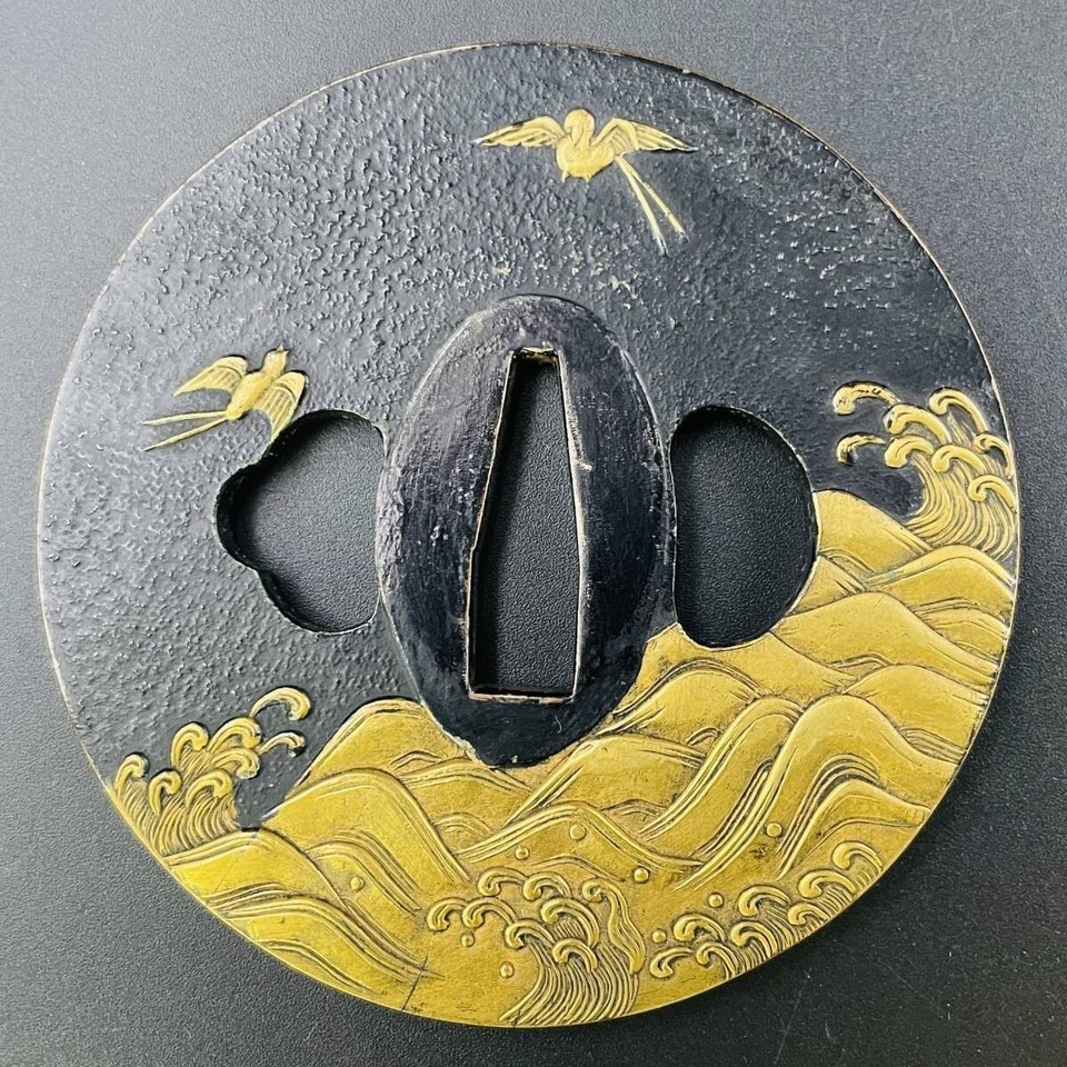 Japanese Antique Edo Tsuba Wave Plovers Design Gold Silver Copper Sword ...