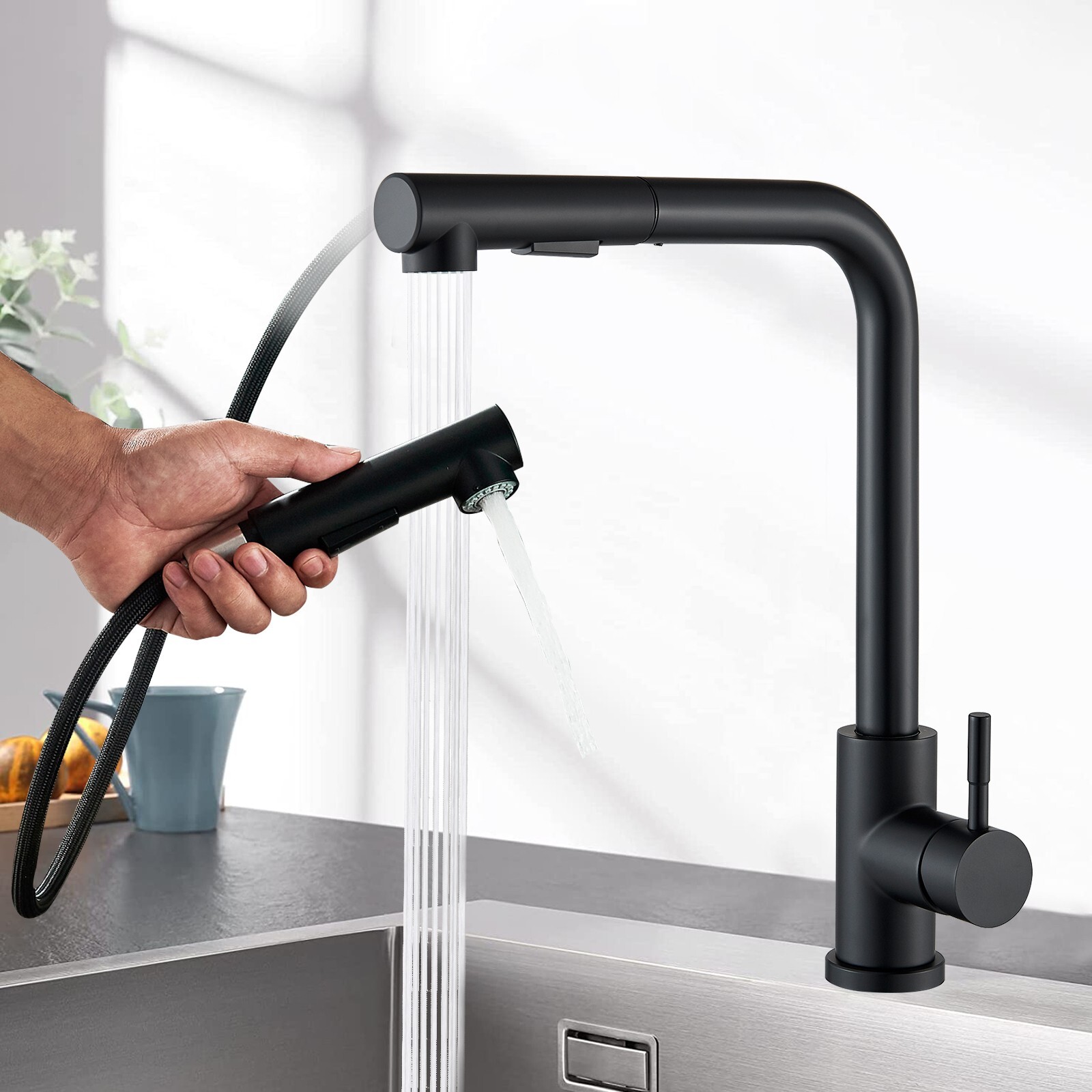 Matte Black Kitchen Tap Single Lever Sink Mixer Taps Pull Out Spray ...