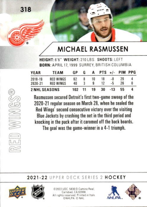 Michael Rasmussen 2021 Upper Deck #318 Detroit Red Wings | eBay