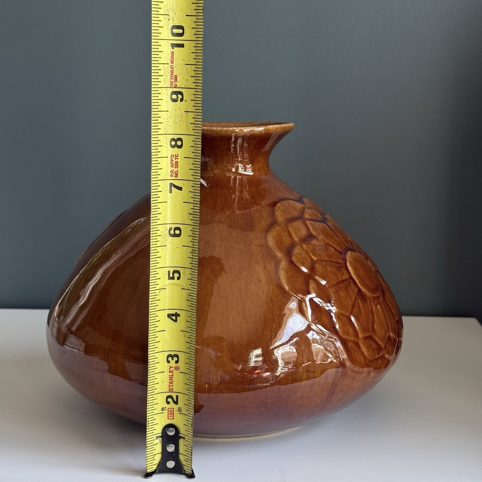 Scarce Vintage MCM Golden Brown 8” Tall Bulbous Flower Vase Decor 9.5 ...