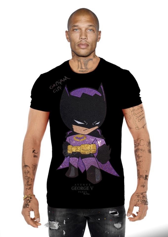 Avenue George V Paris T-Shirt Batman Men's Black fitted Tee Rhinestone ...