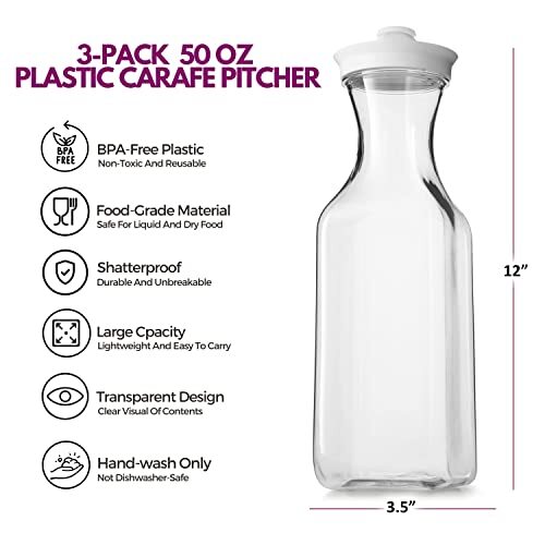 Plastic Water Pitcher With Lid 3pack 50 Oz Square Carafe Pitchers For ...
