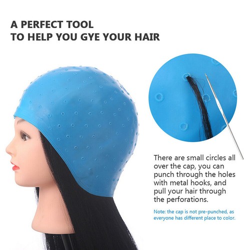 Blue Silicone Hair Highlights Cap With Needle Coloring Cap Hat Styling ...