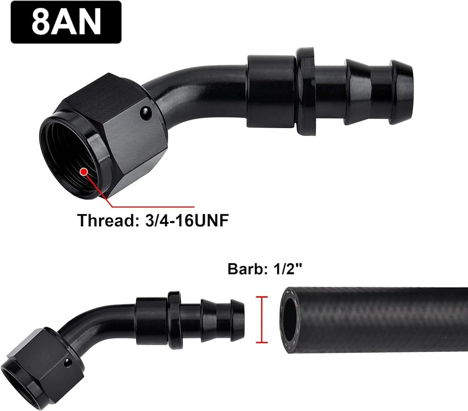 12Pcs 45 Degree Push on Lock Hose Fitting Oil/Fuel/Gas Line Adapter AN8 ...