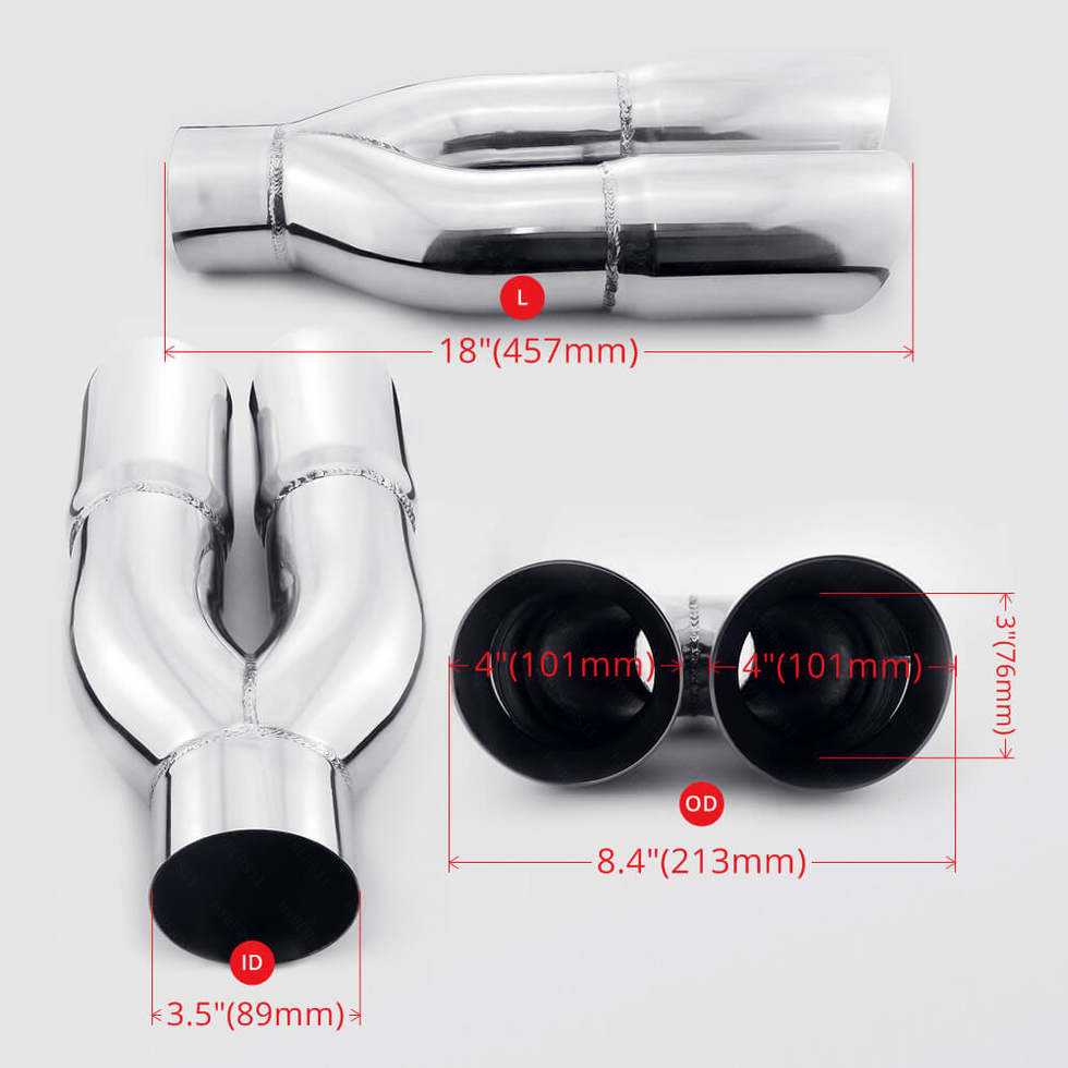 Quad 4 Inch Out 18 Long 3.5 Inlet Dual Wall 304 Stainless Steel Exhaust ...