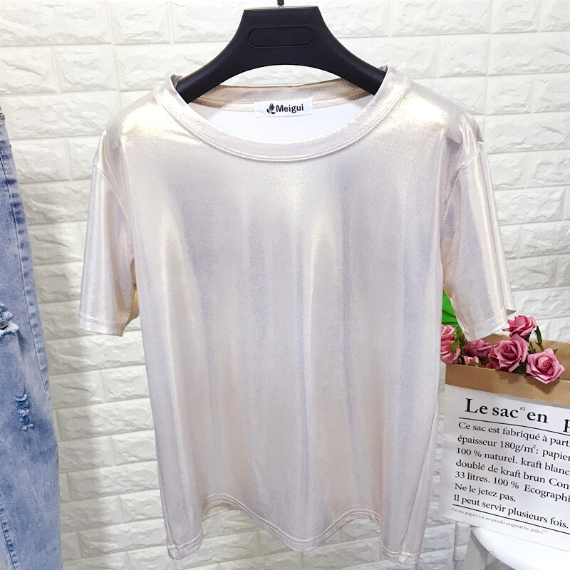 Women Shiny T-shirt Metallic Style Laser Reflective Tee Blouse Top Club ...
