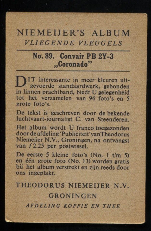 Convair PB 2Y-3 Coronado Vintage 1940s Dutch Trading Card | eBay