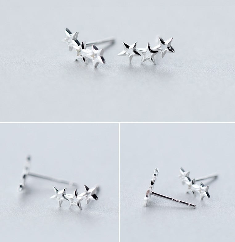 925 Sterling Silver 3 Stars Ear Stud Climber Crawlers Stud Earrings ...