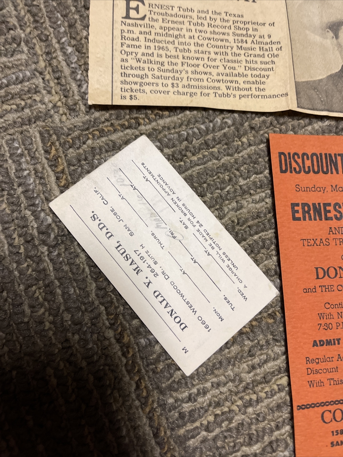 ERNEST TUBB (1921-1991) signed Business Card Cowtown San Jose Ca 1979 ...