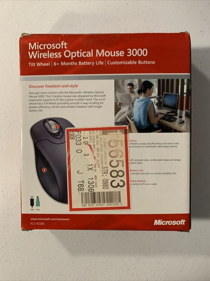 New Microsoft Wireless Optical Mouse 3000 Blue Mac/PC USB or PS/2 Model ...