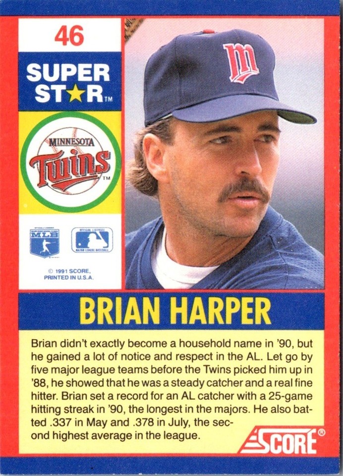 1991 Score 100 Superstars Brian Harper #46 Minnesota Twins Baseball ...