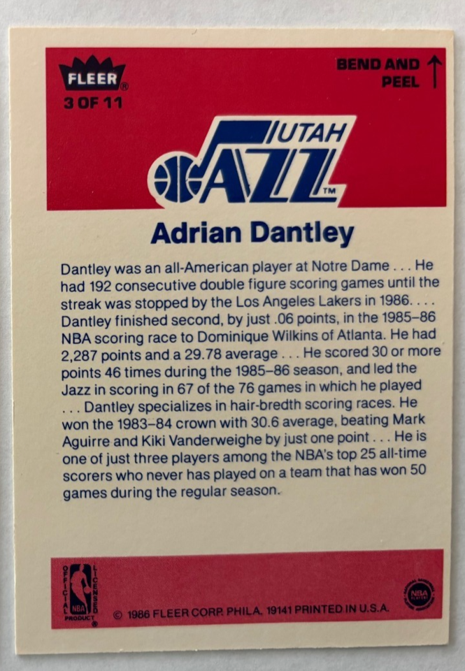 ADRIAN DANTLEY 1986-87 Fleer Basketball Card STICKER INSERT UTAH JAZZ ...