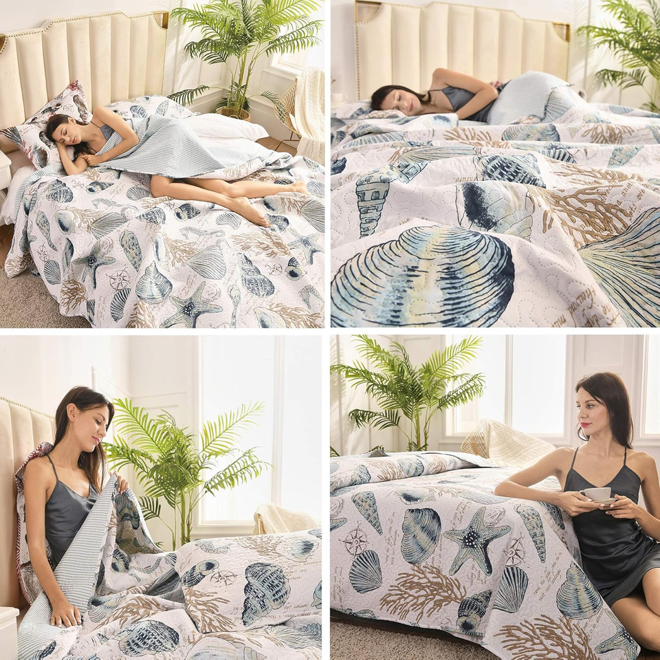 3 Pieces Beach Shell Bedspread Queen Size Ocean Theme Seashell Conch ...