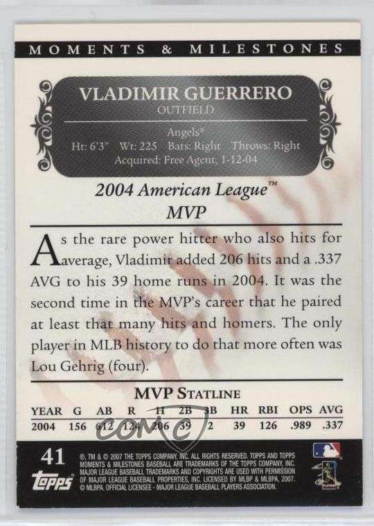 2007 Moments & Milestones /150 Vladimir Guerrero (2004 AL MVP 206 Hits ...